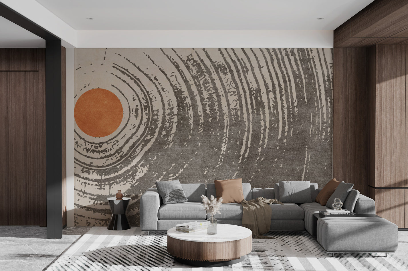 Sun Centered Abstract Circular Mural for Bold Decor