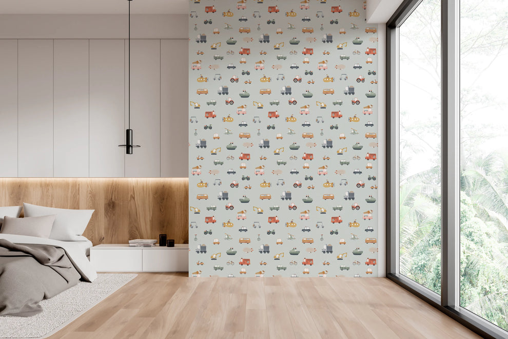 Toot Toot Vehicle Parade: Whimsical Kids Wallpaper for Playful Spaces