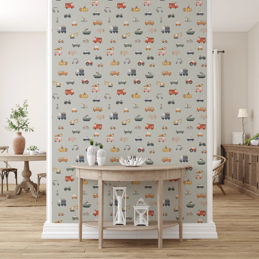 Toot Toot Vehicle Parade: Whimsical Kids Wallpaper for Playful Spaces