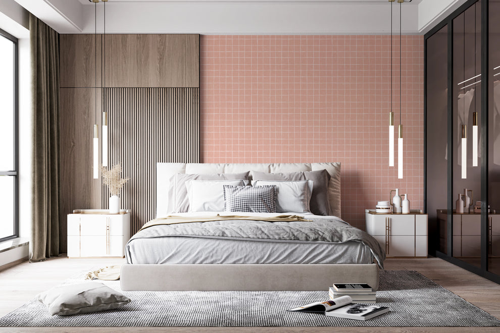 Serene Peach Linen Grid Wallpaper - Soft & Minimalist Design