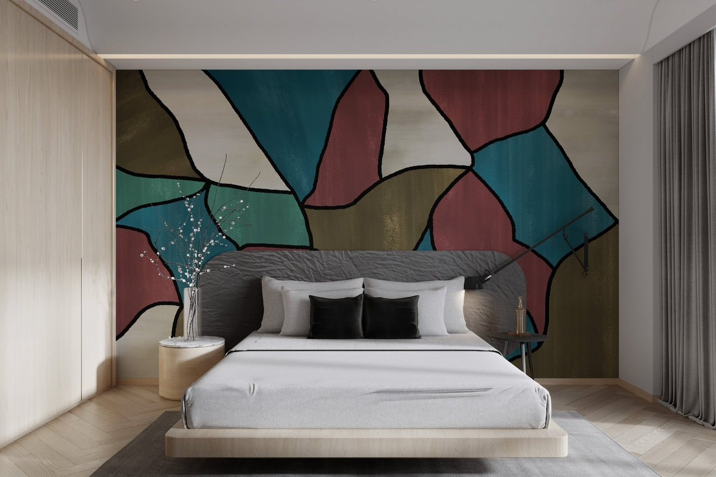 3D Abstract Geometric Wall Mural with Bold Shapes
