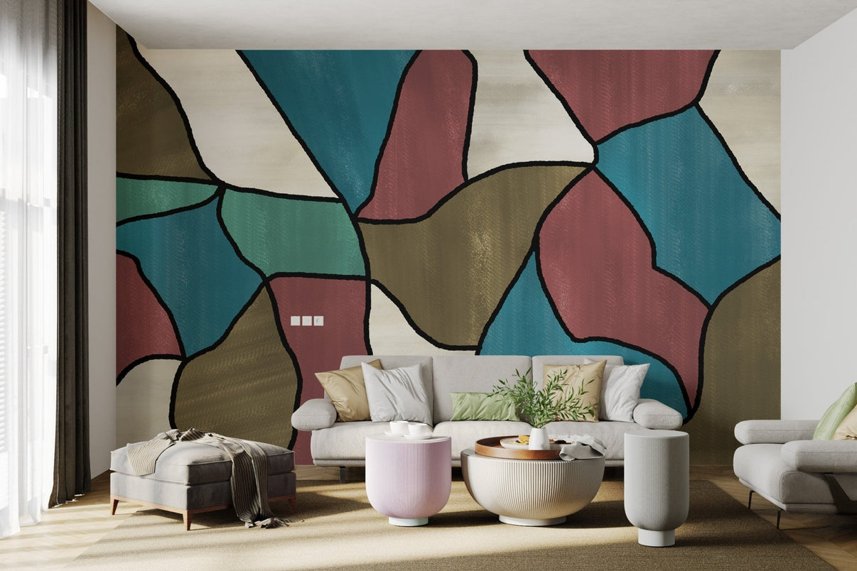3D Abstract Geometric Wall Mural with Bold Shapes