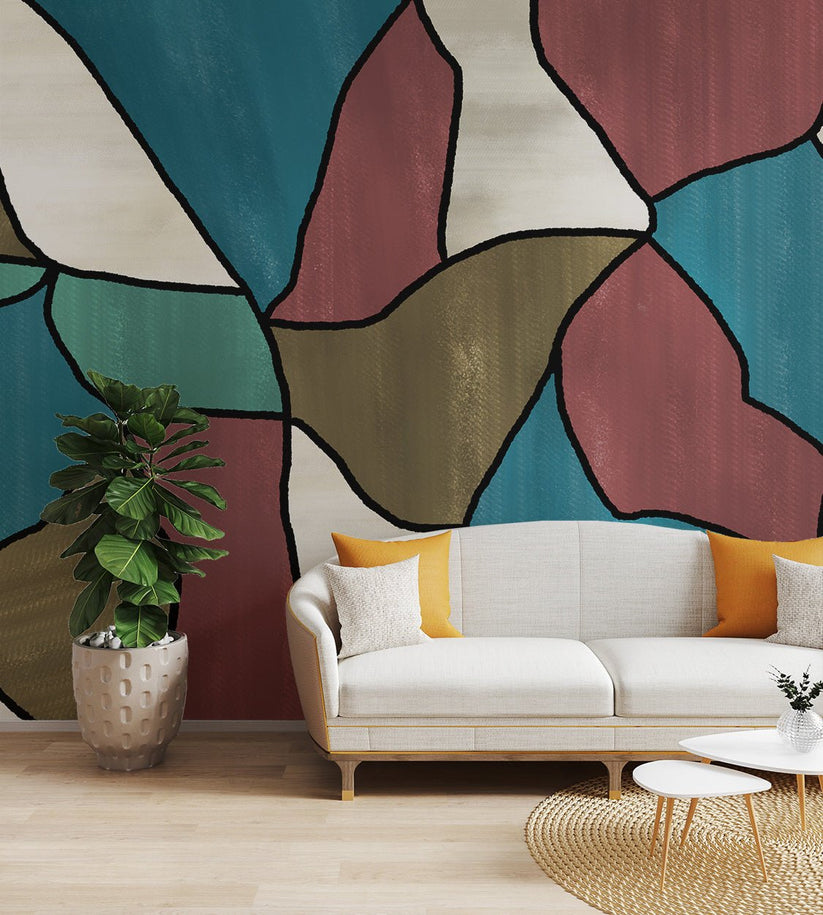 3D Abstract Geometric Wall Mural with Bold Shapes