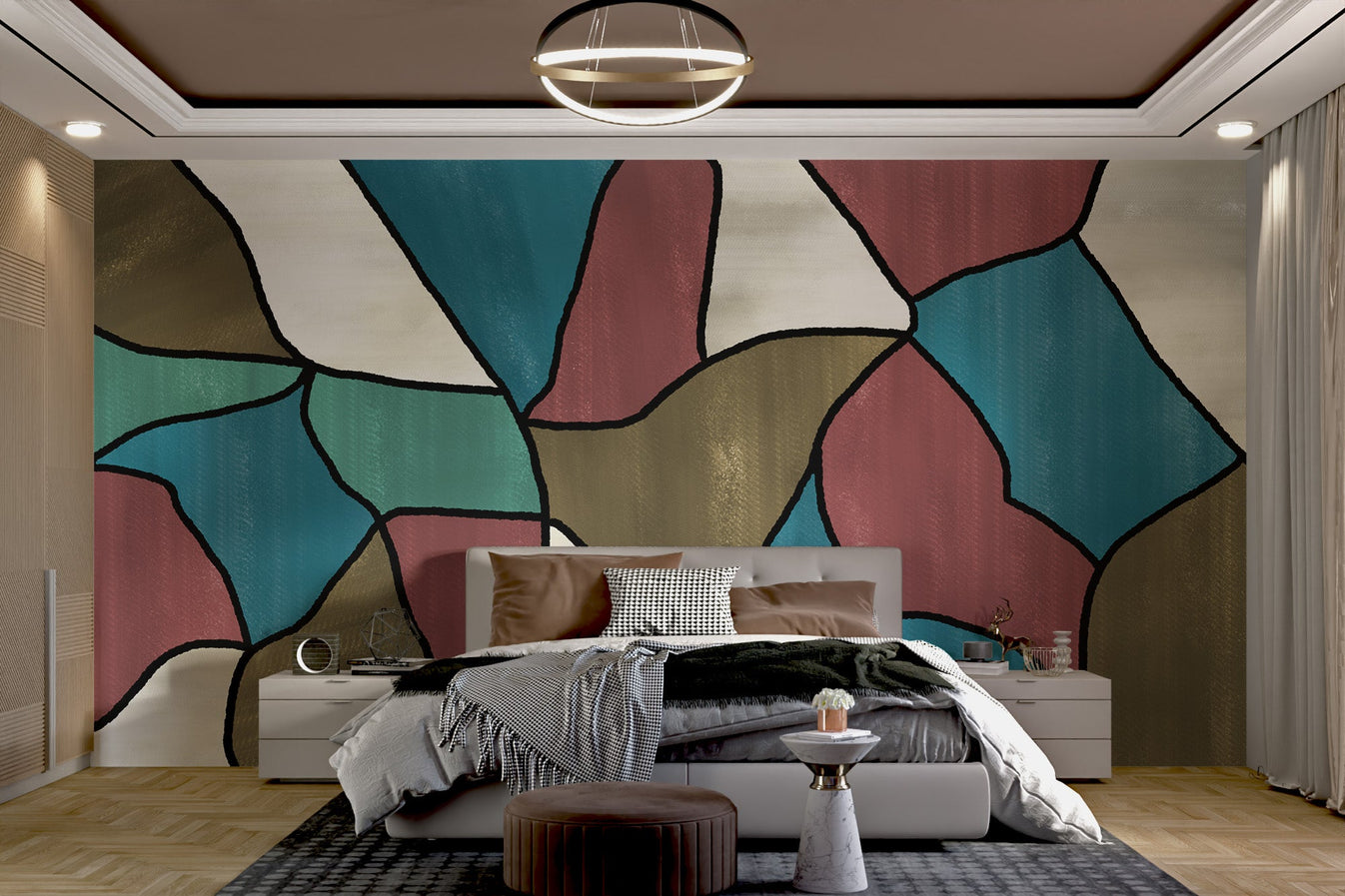 3D Abstract Geometric Wall Mural with Bold Shapes