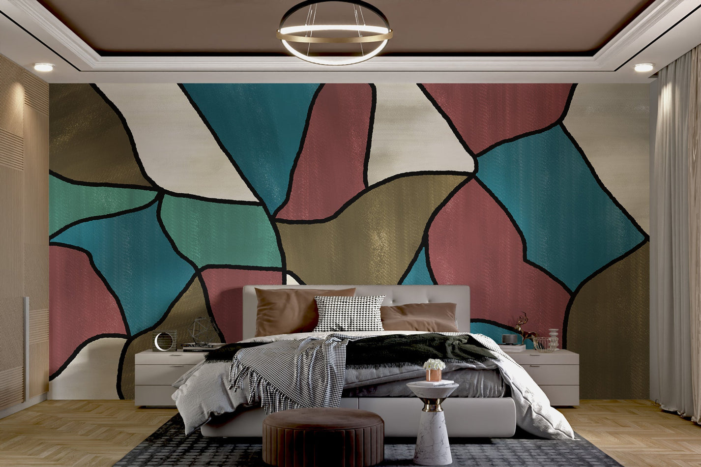 3D Abstract Geometric Wall Mural with Bold Shapes