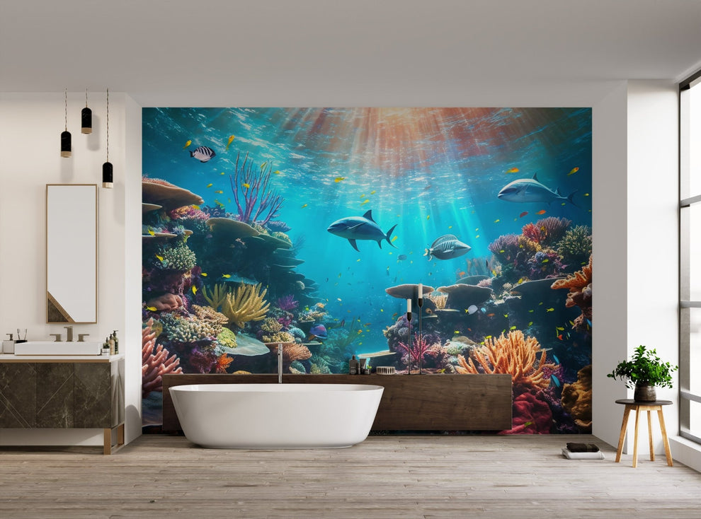 3D Vibrant Underwater Ocean Wallpaper with Coral Reefs
