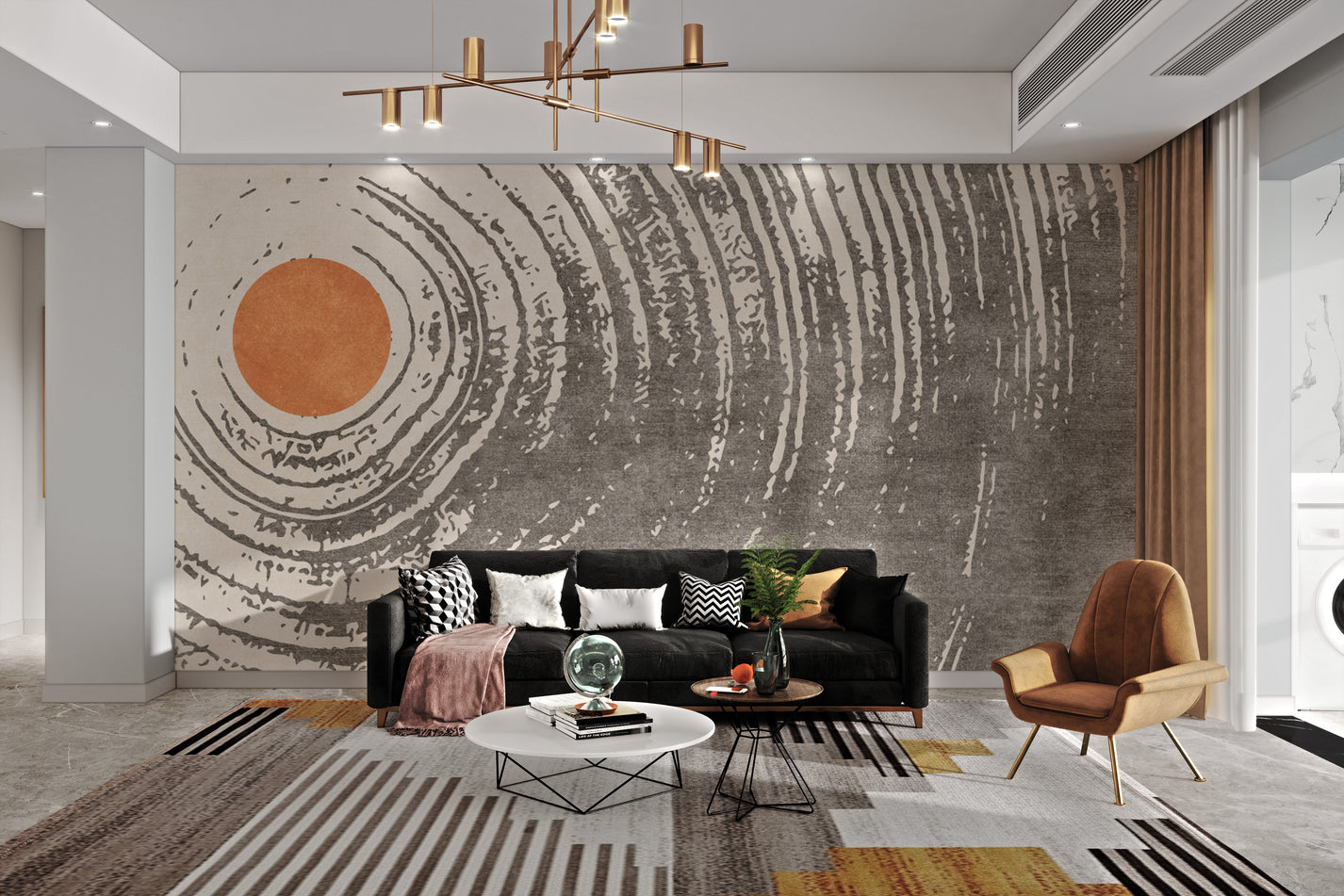 Sun Centered Abstract Circular Mural for Bold Decor