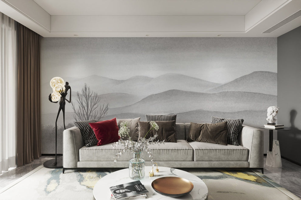 Foggy Lake Landscape Wall Mural - Mountain Silhouettes