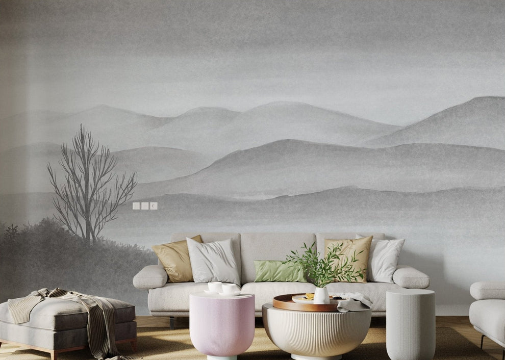 Foggy Lake Landscape Wall Mural - Mountain Silhouettes