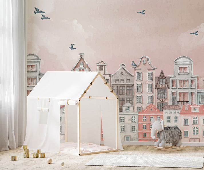 Pink Cityscape Wall Mural - Whimsical Urban Charm