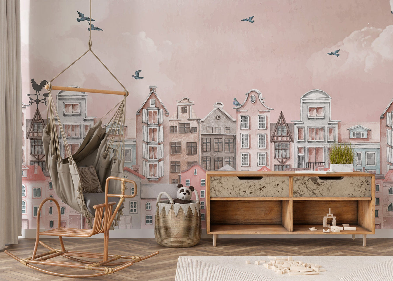Pink Cityscape Wall Mural - Whimsical Urban Charm