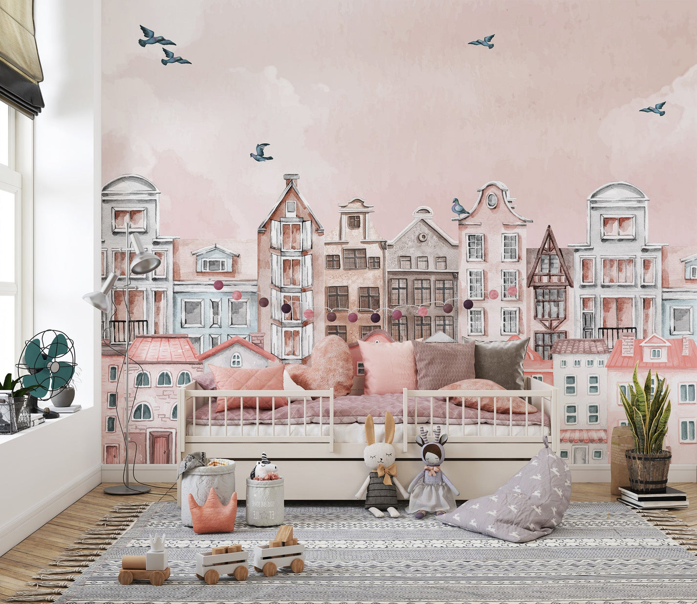 Pink Cityscape Wall Mural - Whimsical Urban Charm