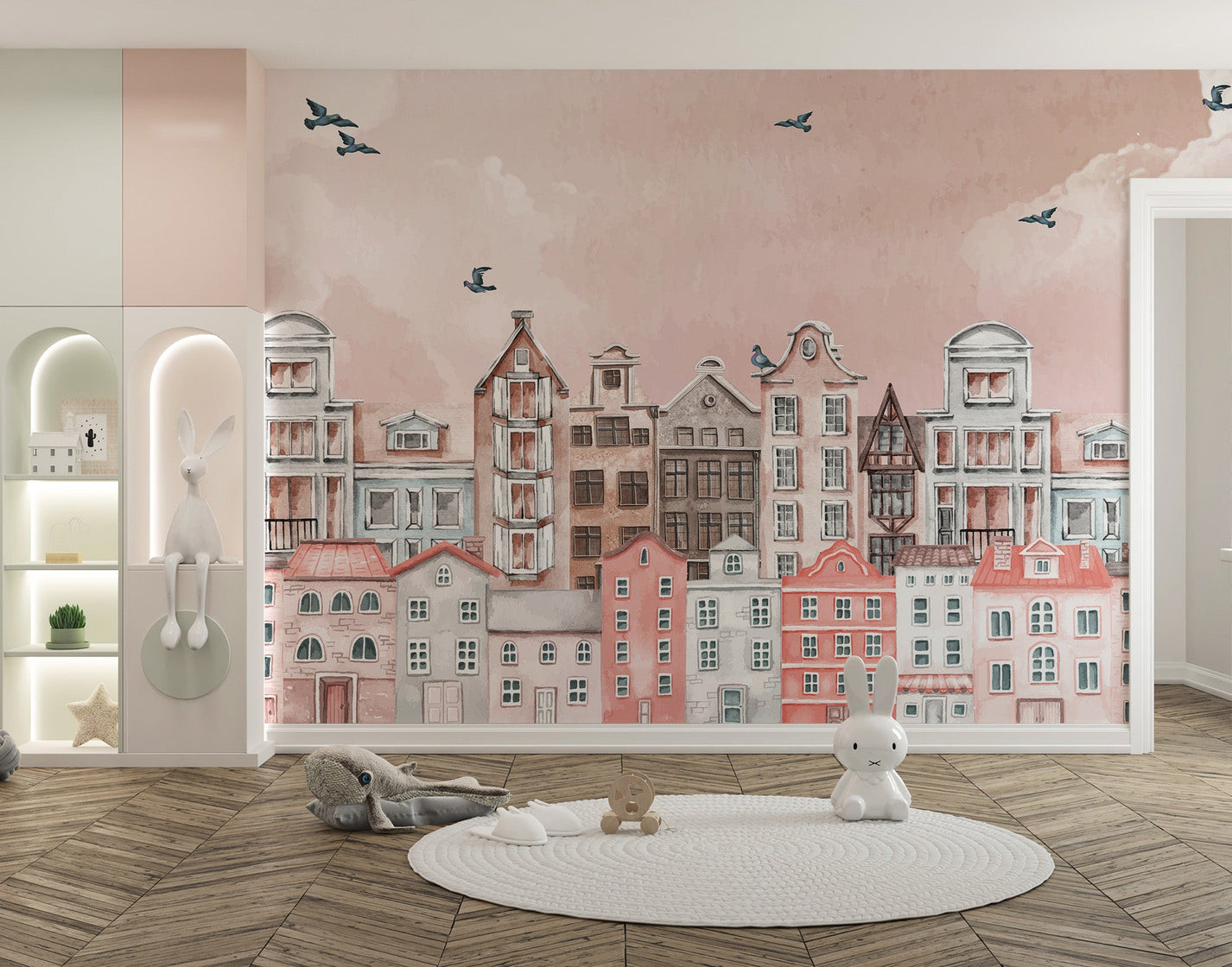 Pink Cityscape Wall Mural - Whimsical Urban Charm