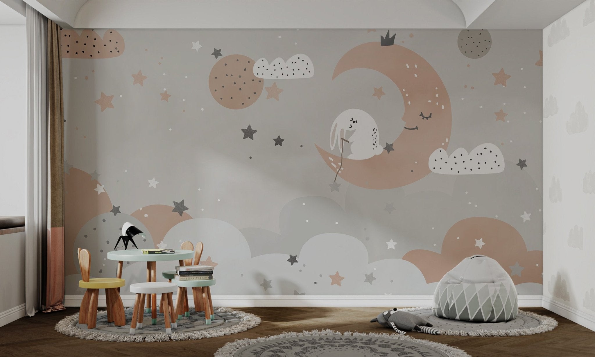 Sleeping Bunny Cloud Wall Mural - Peach and Gray Tones