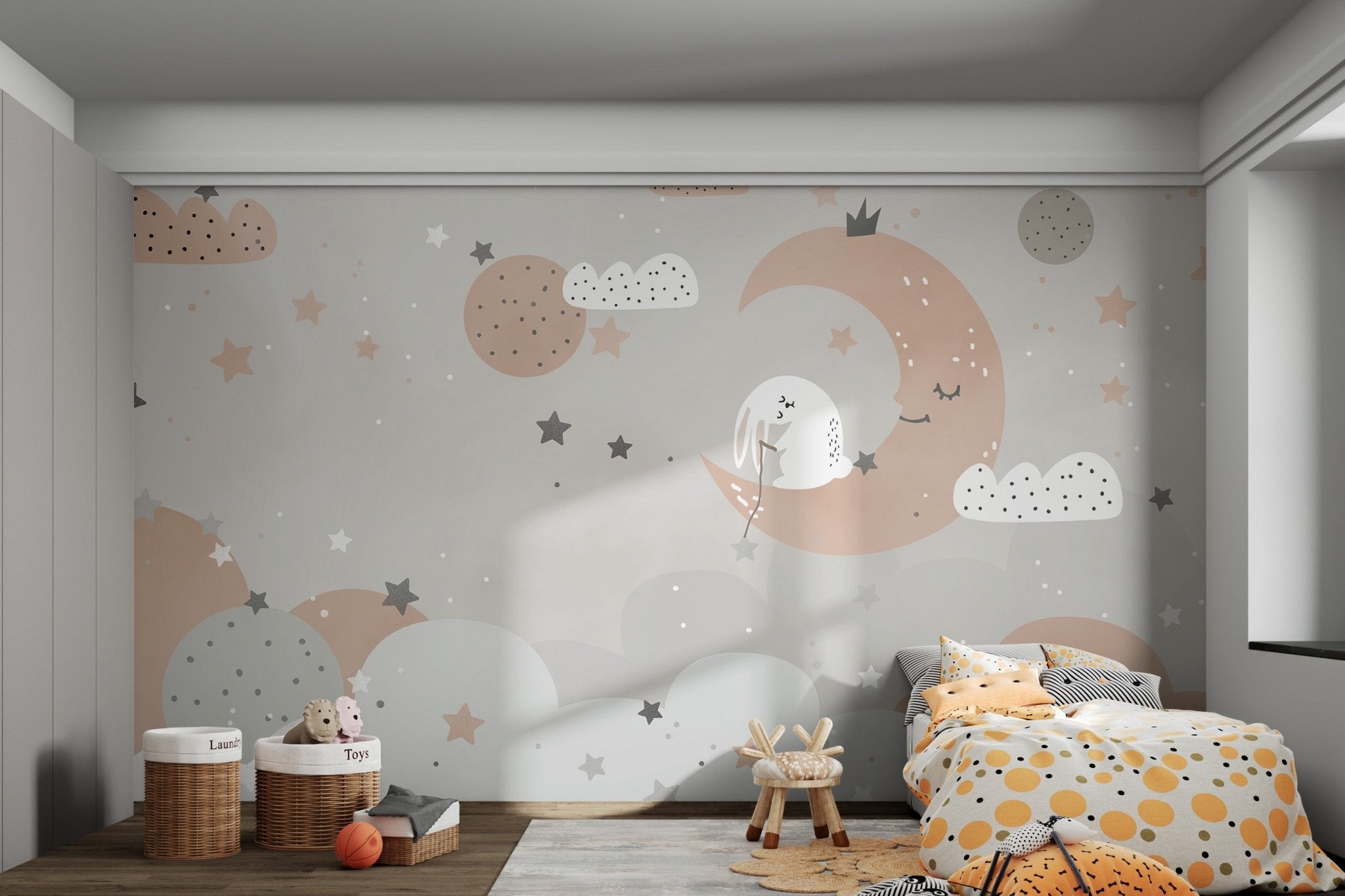 Sleeping Bunny Cloud Wall Mural - Peach and Gray Tones