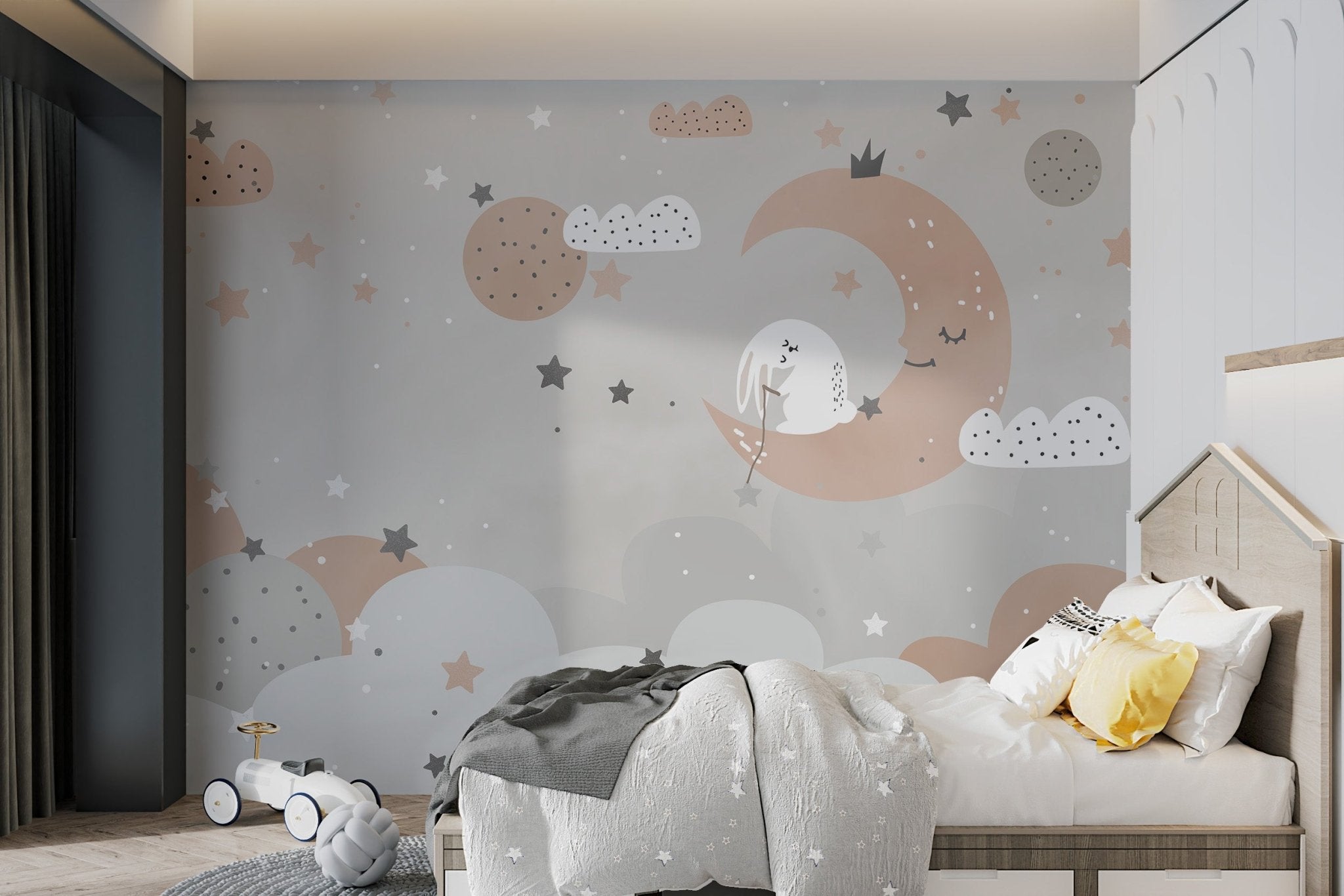 Sleeping Bunny Cloud Wall Mural - Peach and Gray Tones